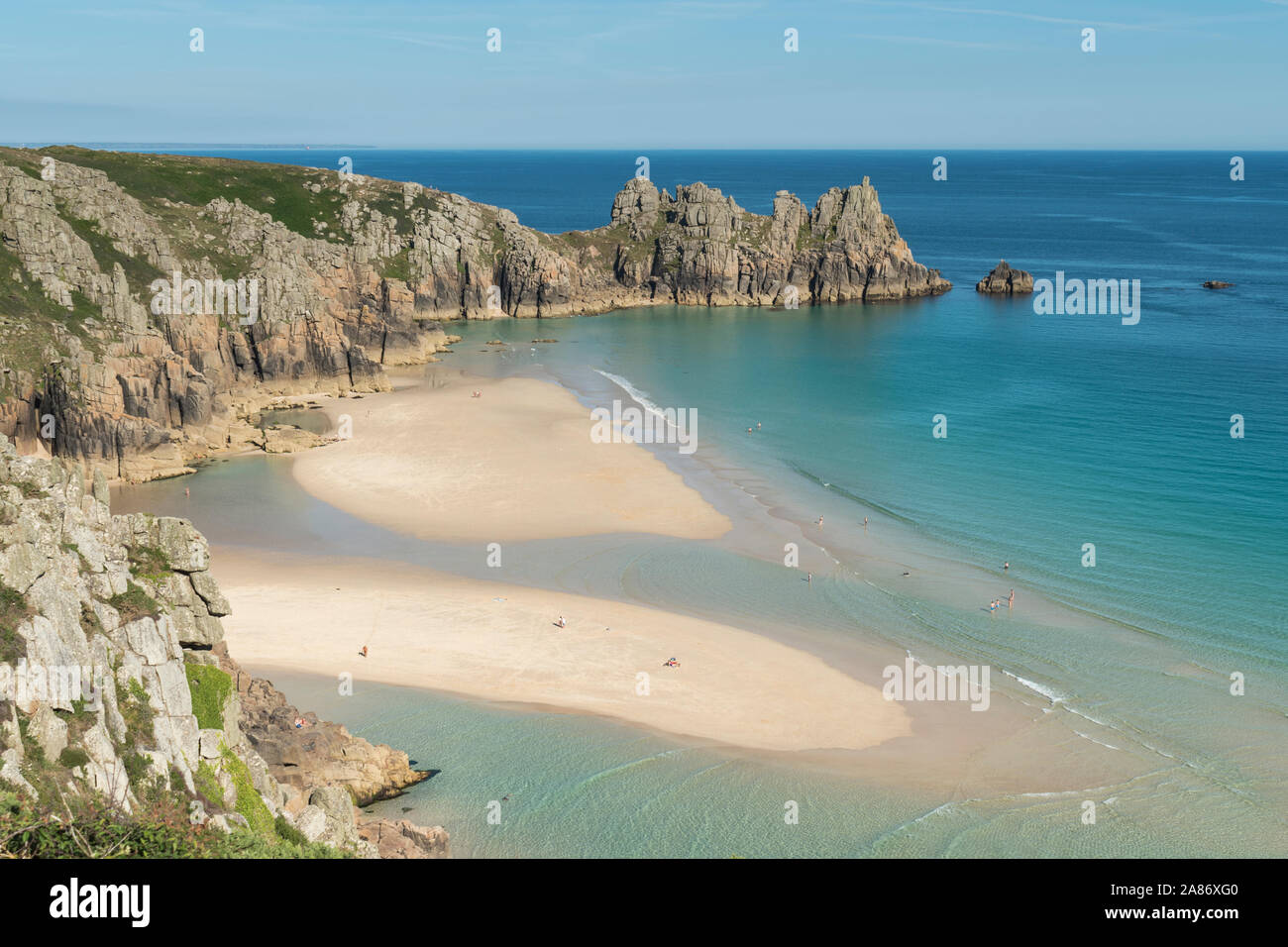 The crystal clear waters of Pedn Vounder as viewed from the clifftop ...