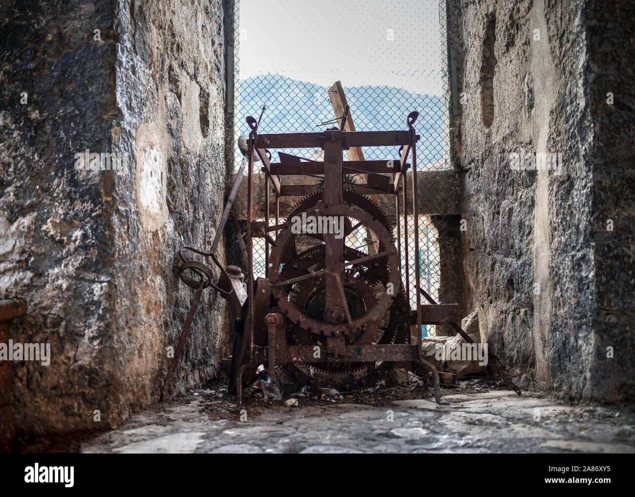 Kotor, Montenegro - The clock mechanism worn out on the tower of the ...
