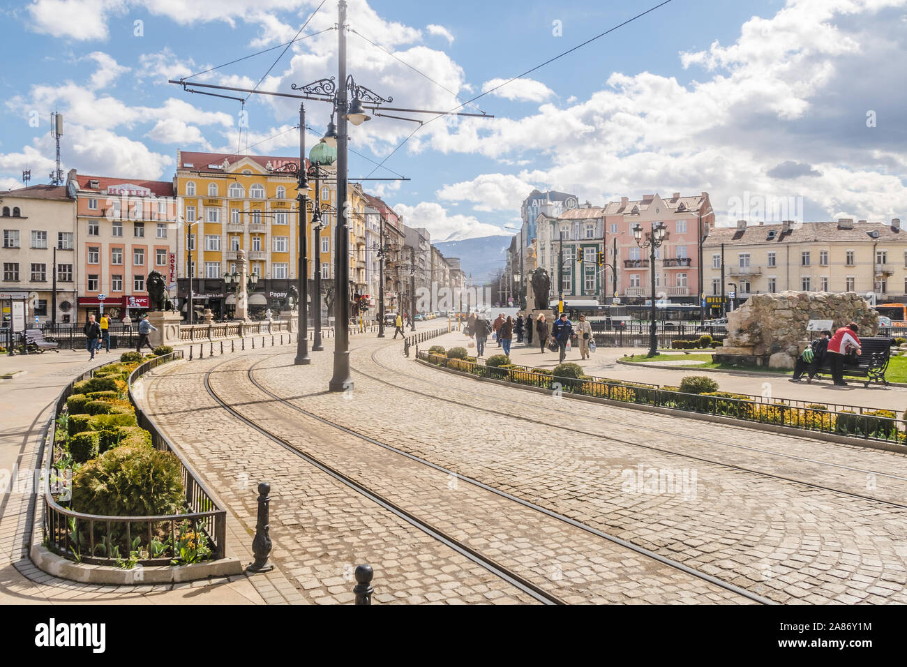 SOFIA, BULGARIA - 2ND APRIL 2018: A view of streets, buildings during ...
