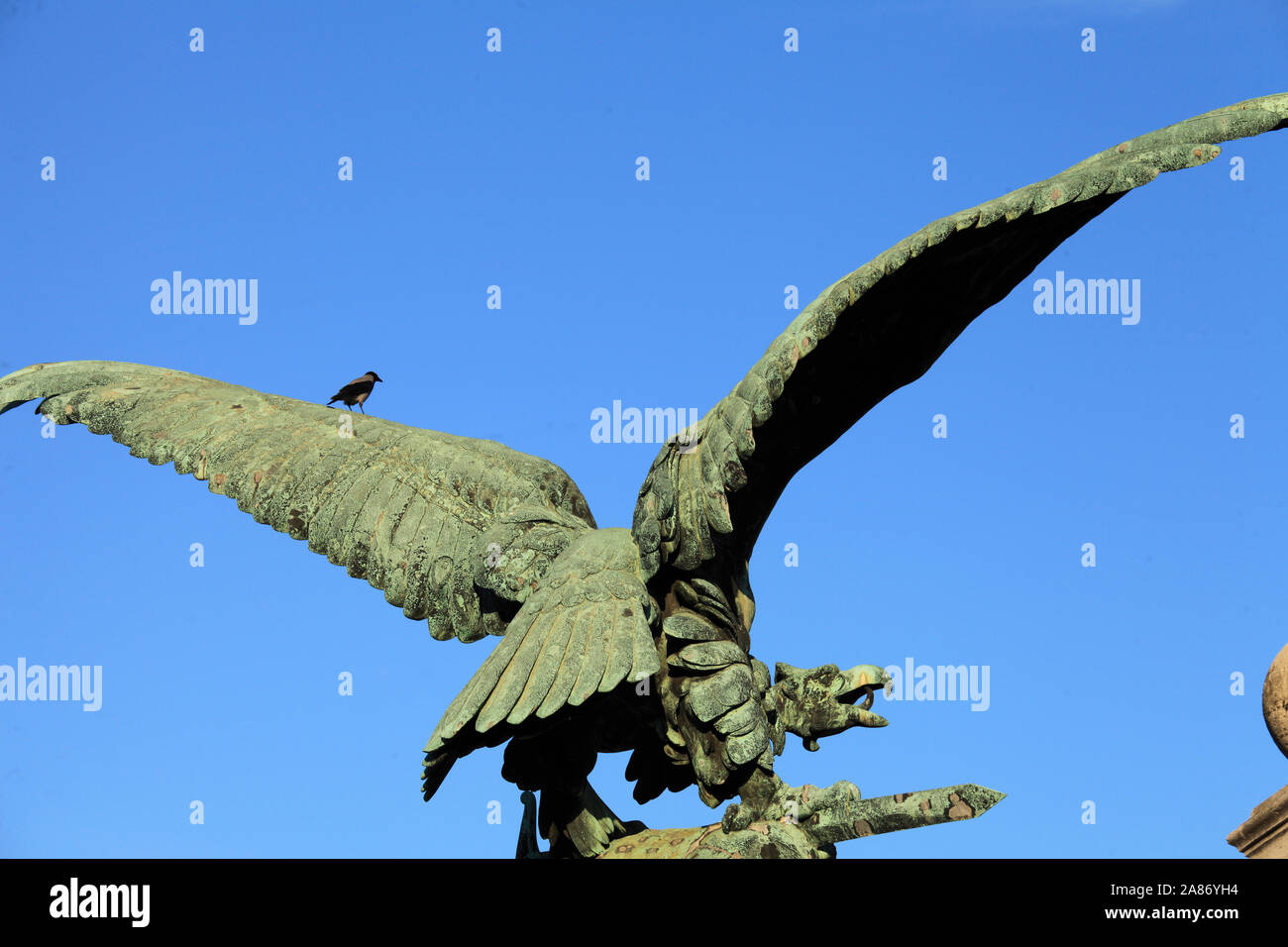 Hungary; Budapest; Castle district, Turul, mythological bird, statue ...
