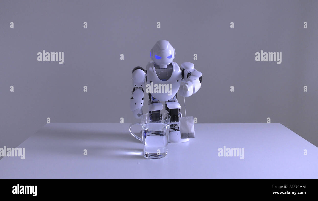 A domestic android humanoid robot practicing brewing tea for his master ...