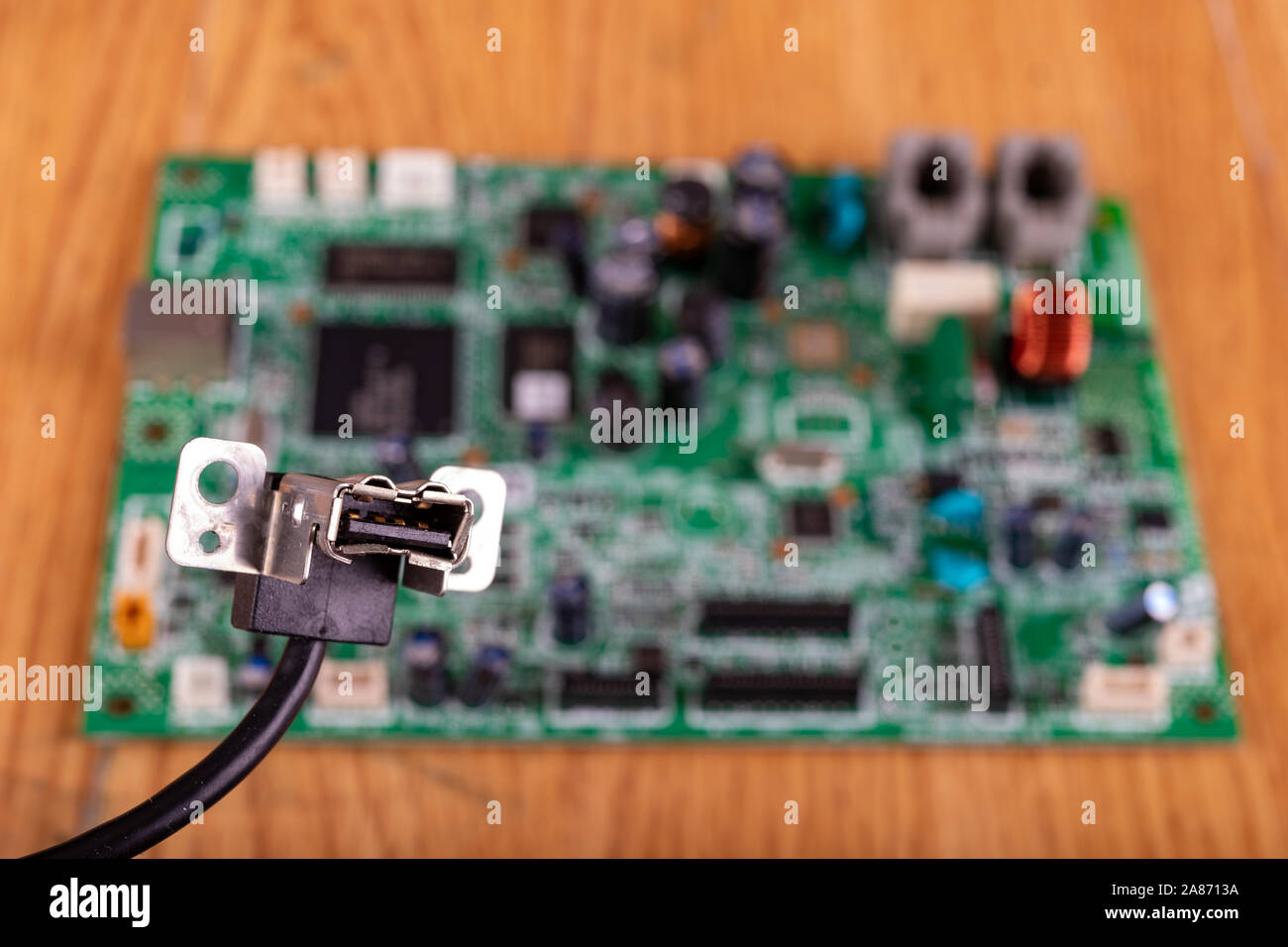 Old broken USB B socket. Repair of electronic devices. Place - workshop ...