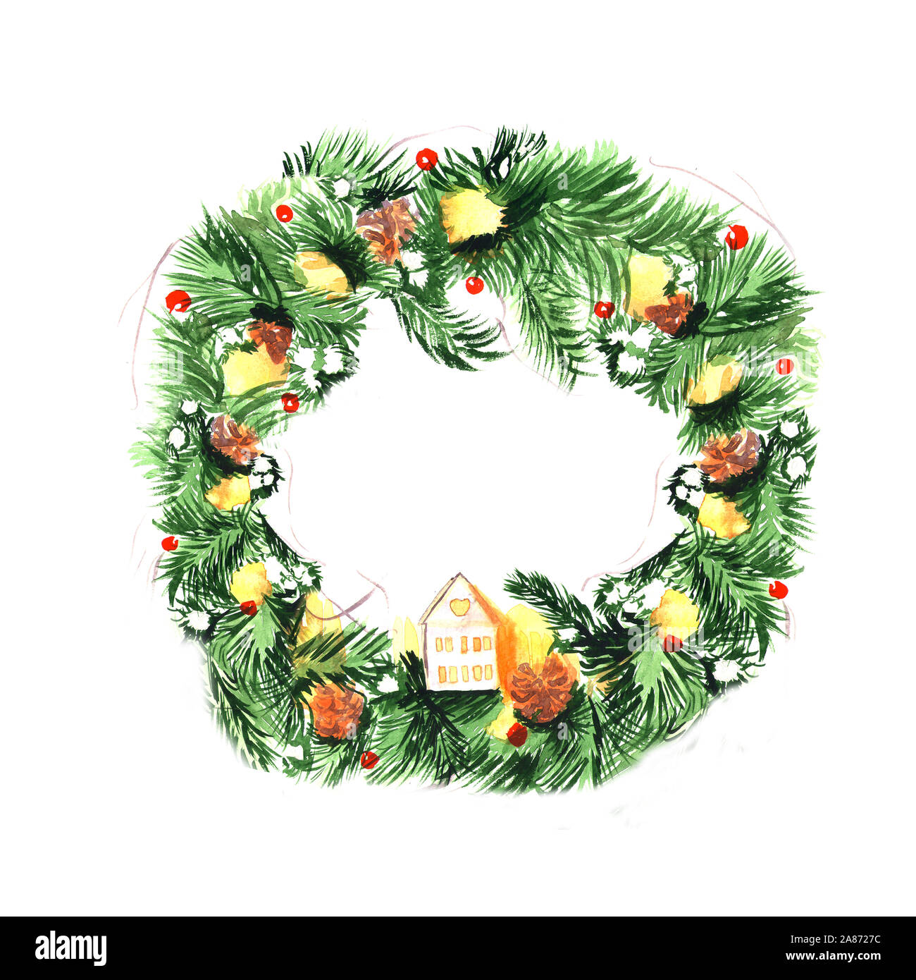 Watercolor Christmas tree wreath and garland. Hand painted texture with ...