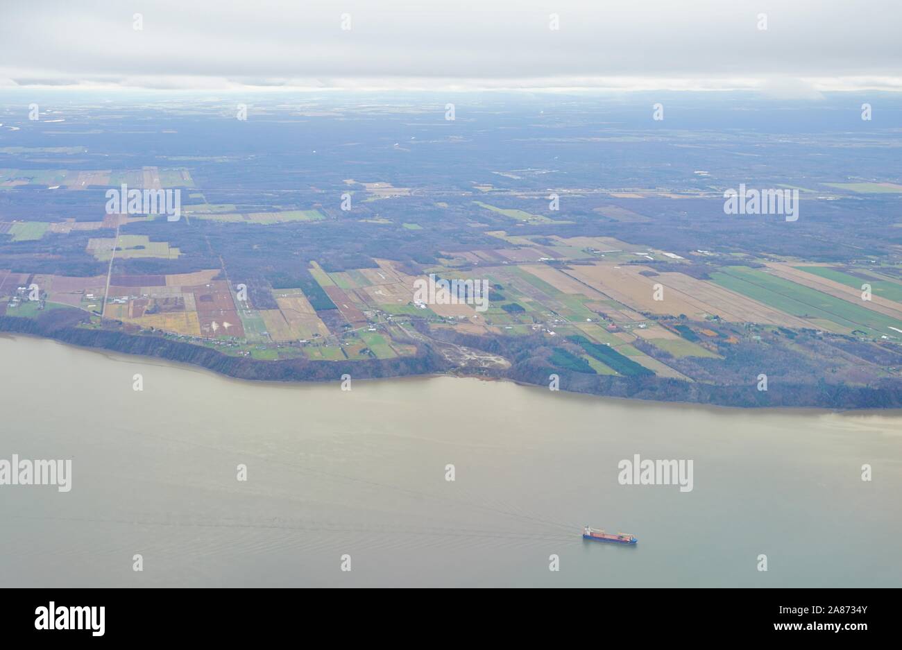 Aerial view of the St Lawrence River outside of Quebec City, Canada ...