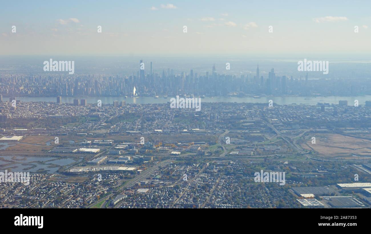 Aerial view of the Manhattan skyline in New York City seen from an ...