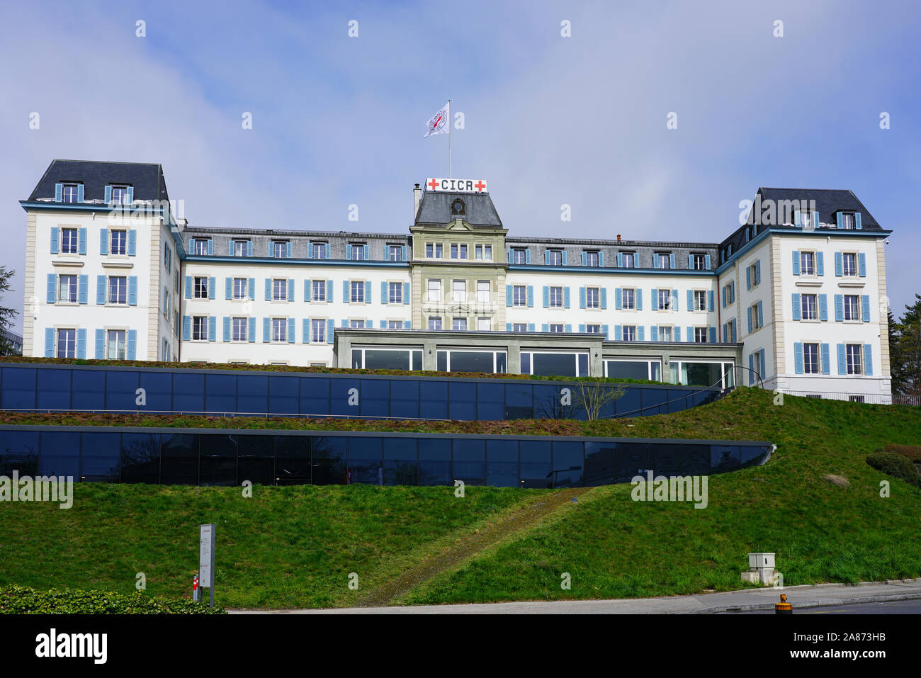 GENEVA, SWITZERLAND -5 APR 2019- Exterior view of the International ...