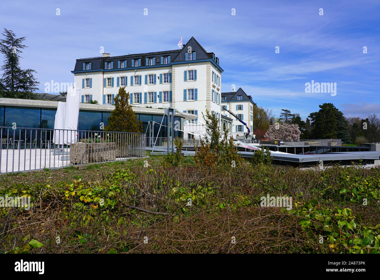 GENEVA, SWITZERLAND -5 APR 2019- Exterior view of the International ...