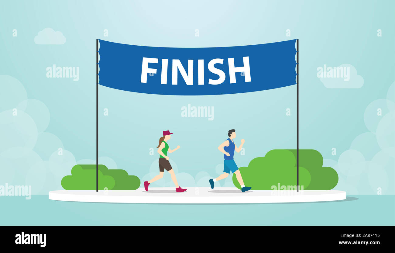 marathon run with men and woman running on finish banner with modern ...