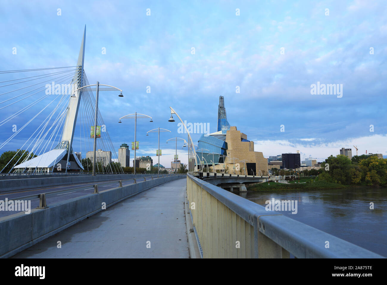 The Museum for Human Rights and Bridge at dusk, Winnipeg Stock Photo ...