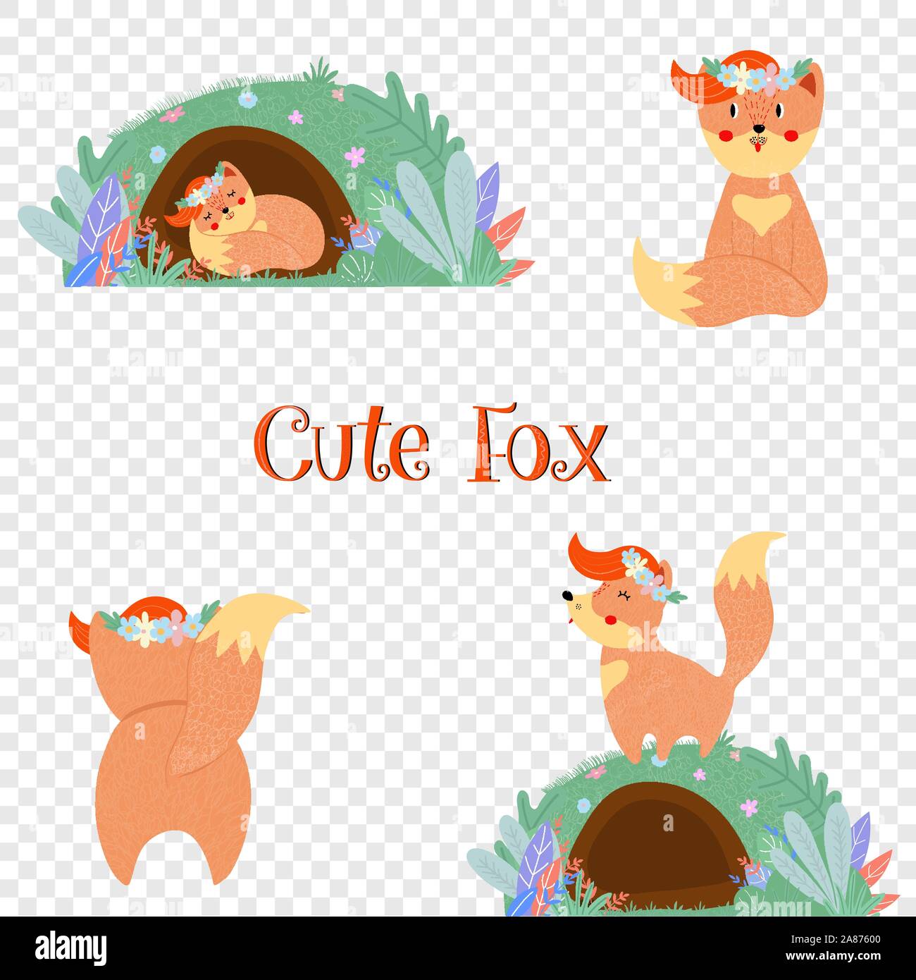 Cute fox set, sleeping in hole, rear view, boho forest animal ...