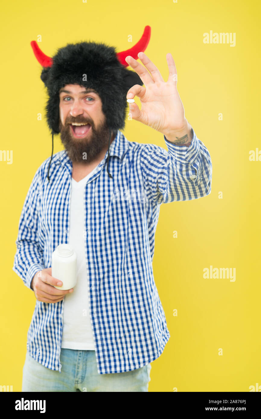 Committed to care. Sick bearded man take oral pill. Deliver medical ...