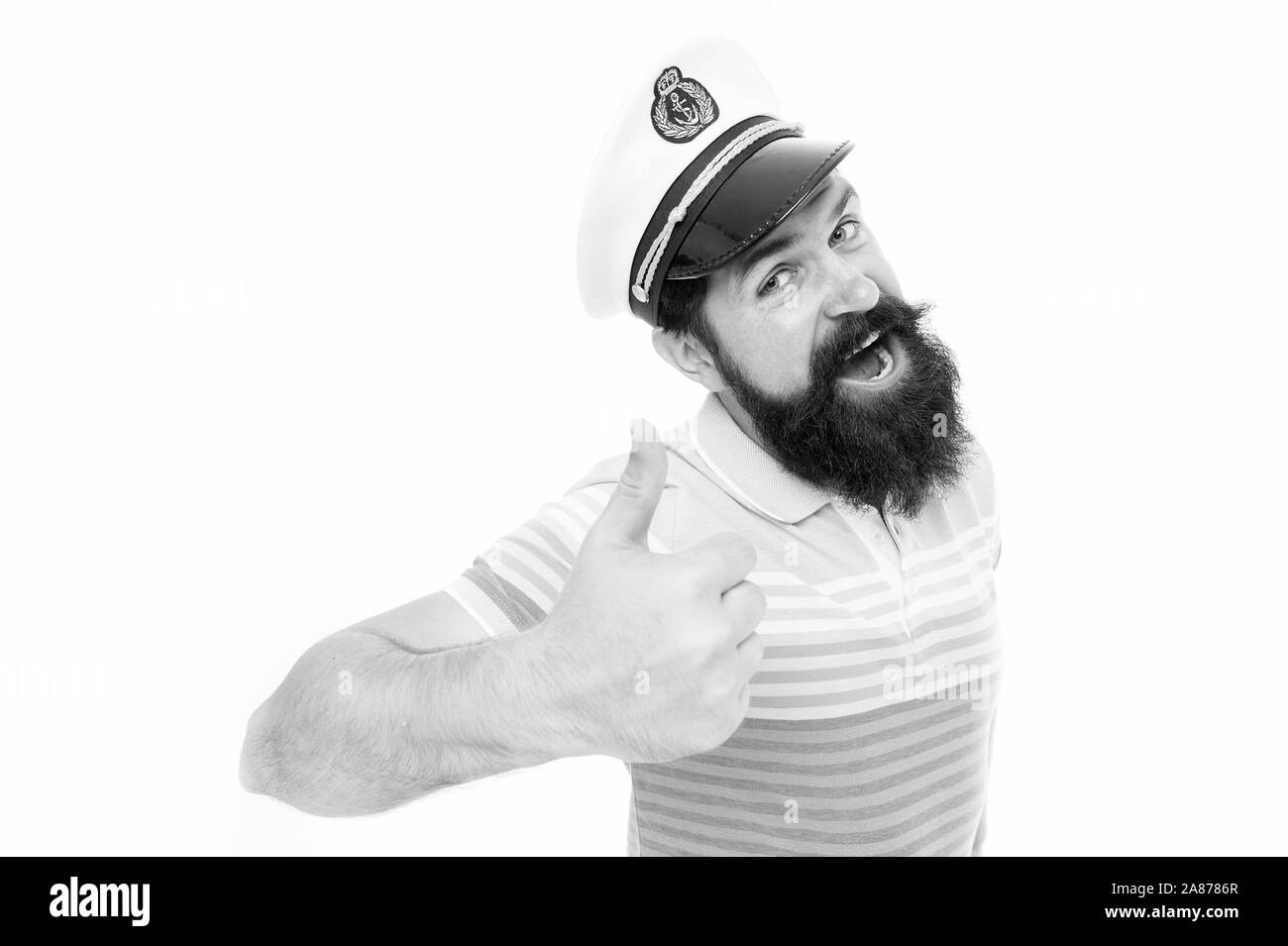 Summer vacation. Hipster beard mustache sailor hat. Captain of cruise ...