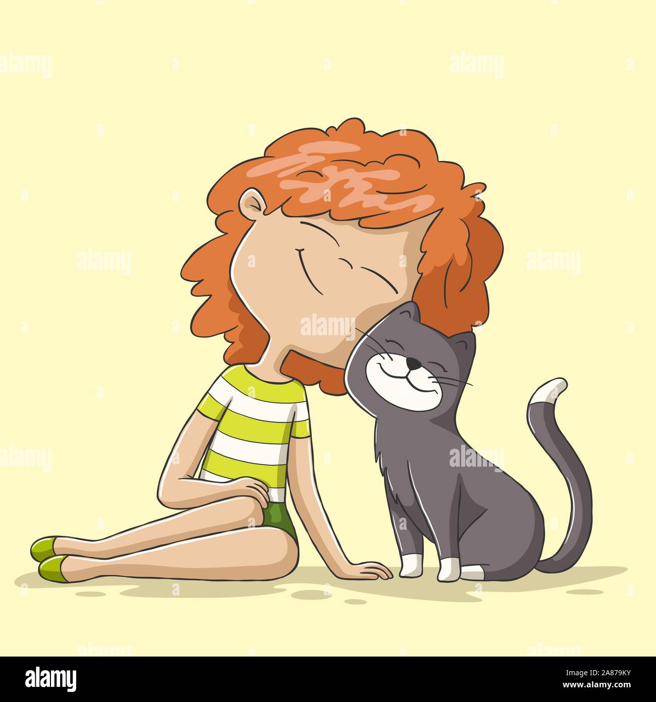 Girl and cat are friends. Hand drawn vector illustration with separate ...