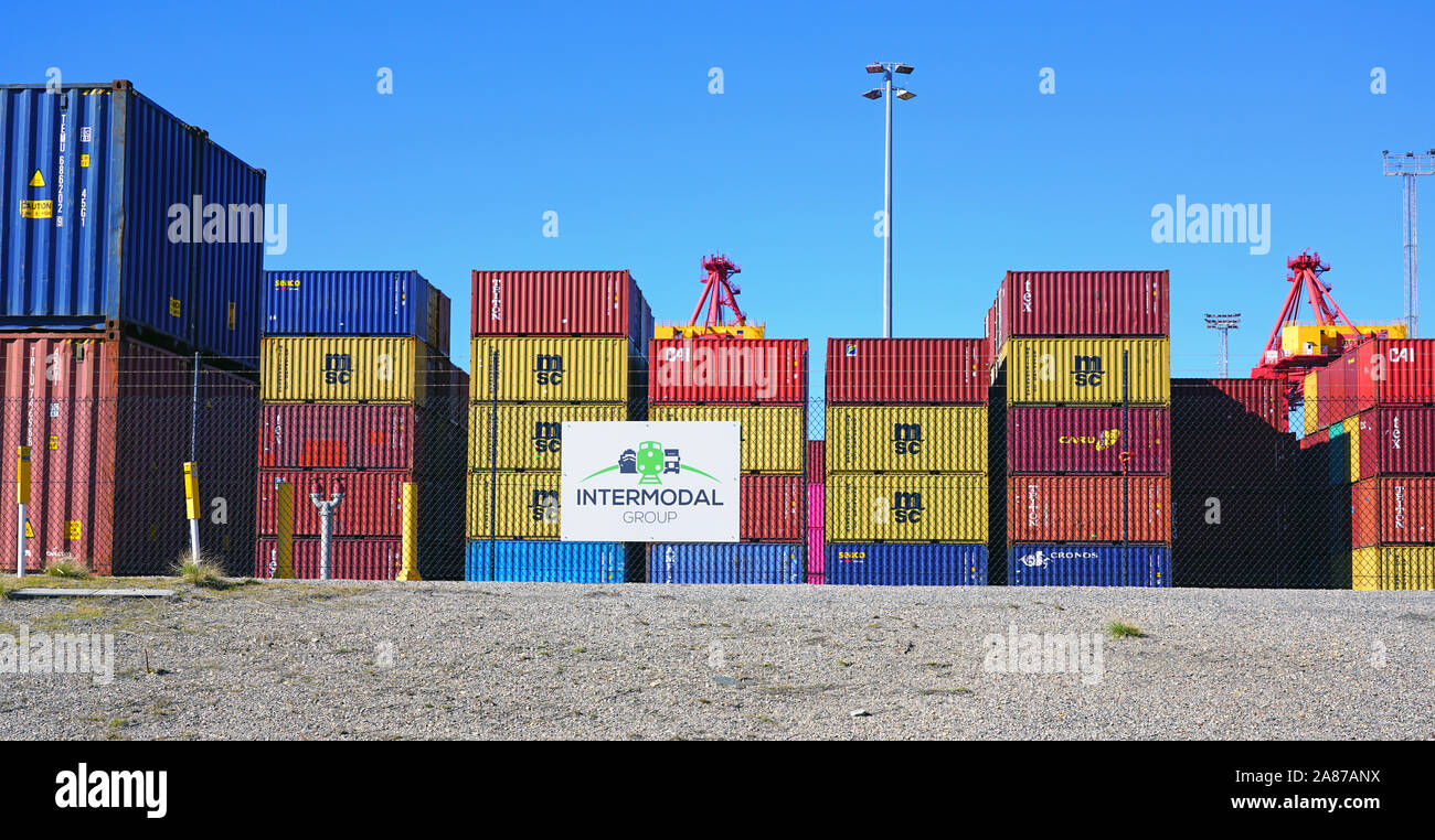 FREMANTLE, AUSTRALIA -3 JUL 2019- View of stacks of shipping containers ...