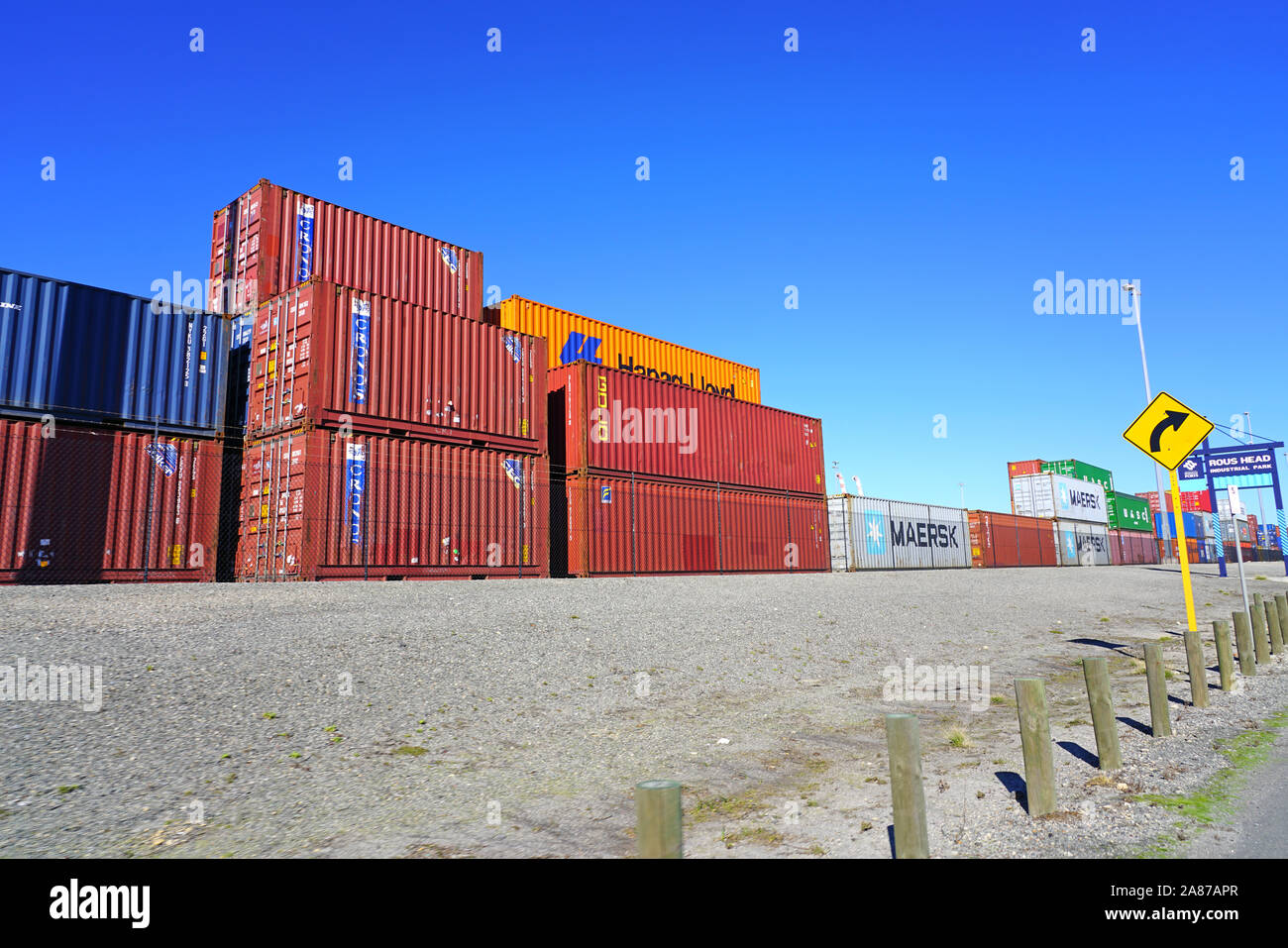 FREMANTLE, AUSTRALIA -3 JUL 2019- View of stacks of shipping containers ...