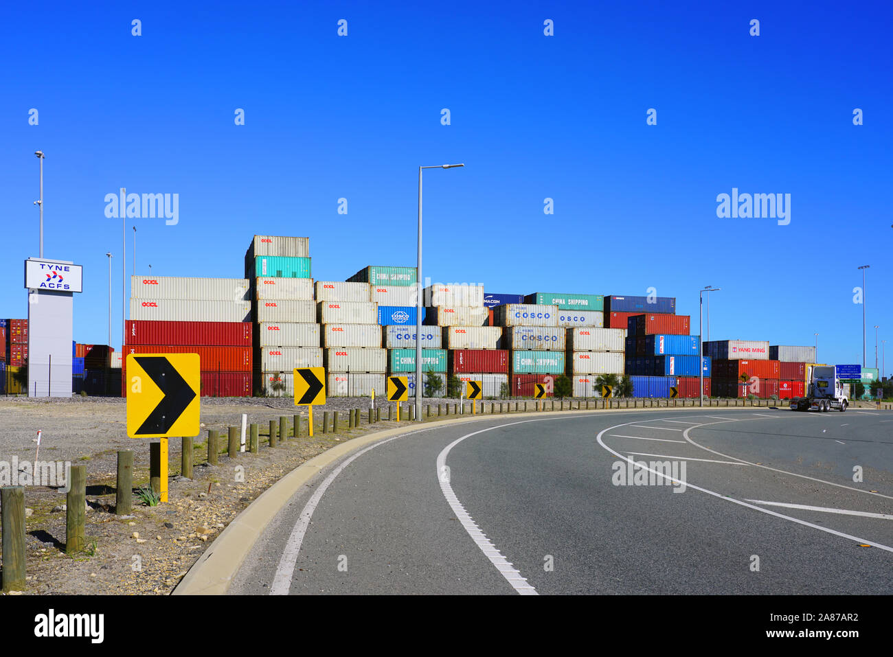 FREMANTLE, AUSTRALIA -3 JUL 2019- View of stacks of shipping containers ...
