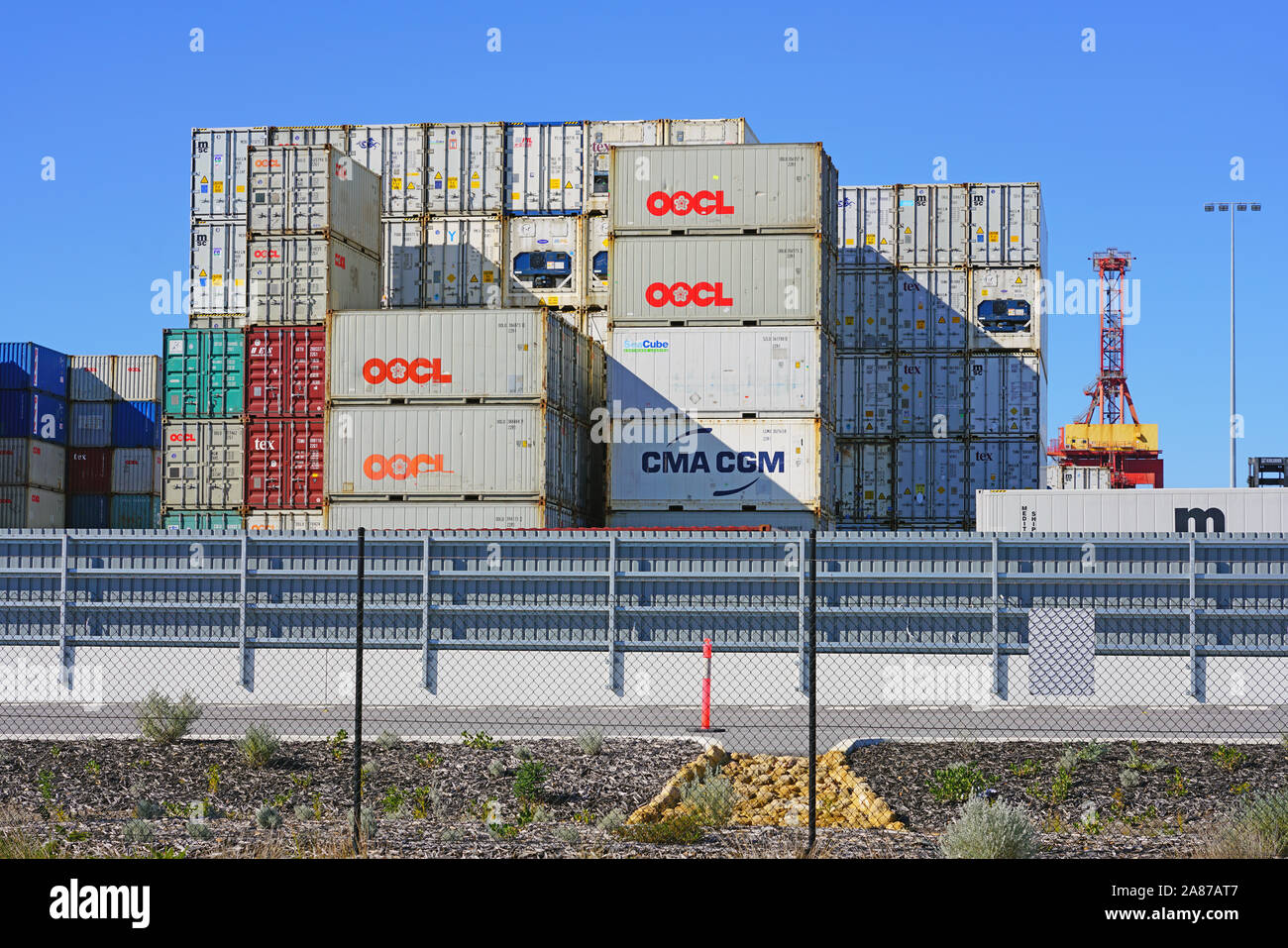 FREMANTLE, AUSTRALIA -3 JUL 2019- View of stacks of shipping containers ...