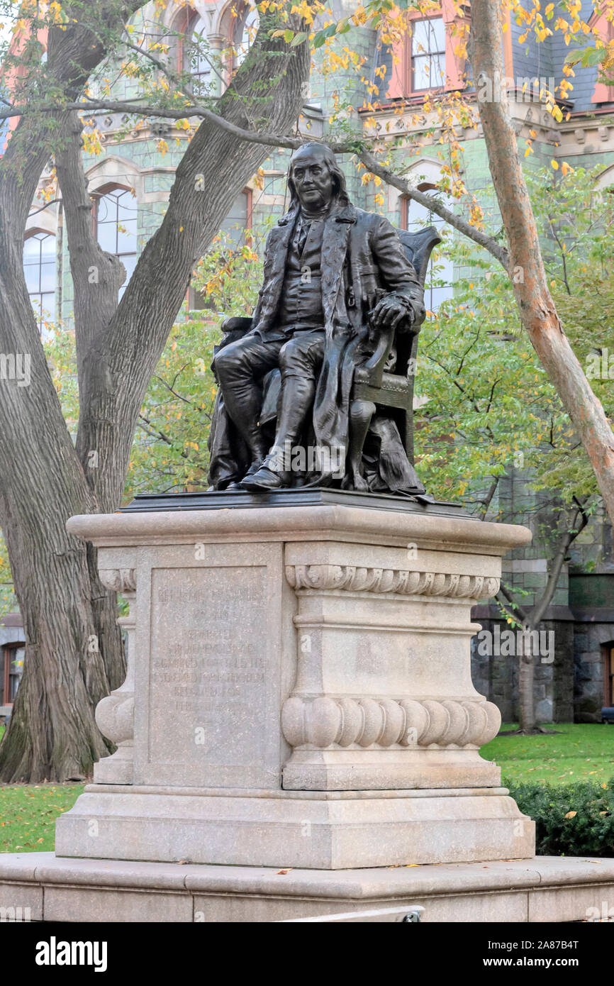 Statue of Benjamin Franklin by John J. Boyle in front of College Hall ...