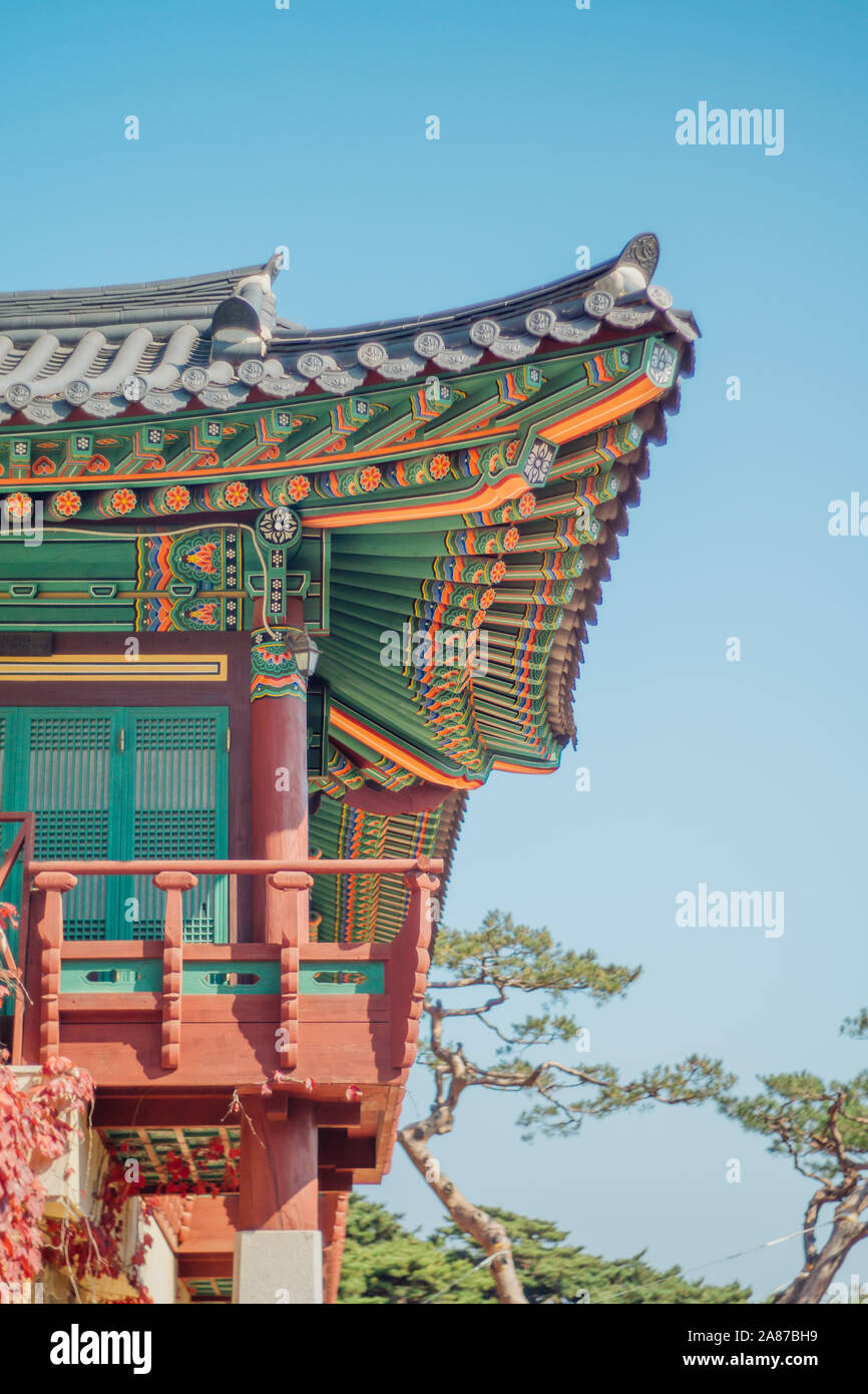 Korean buddhist temple and its roof and eaves which has various ...