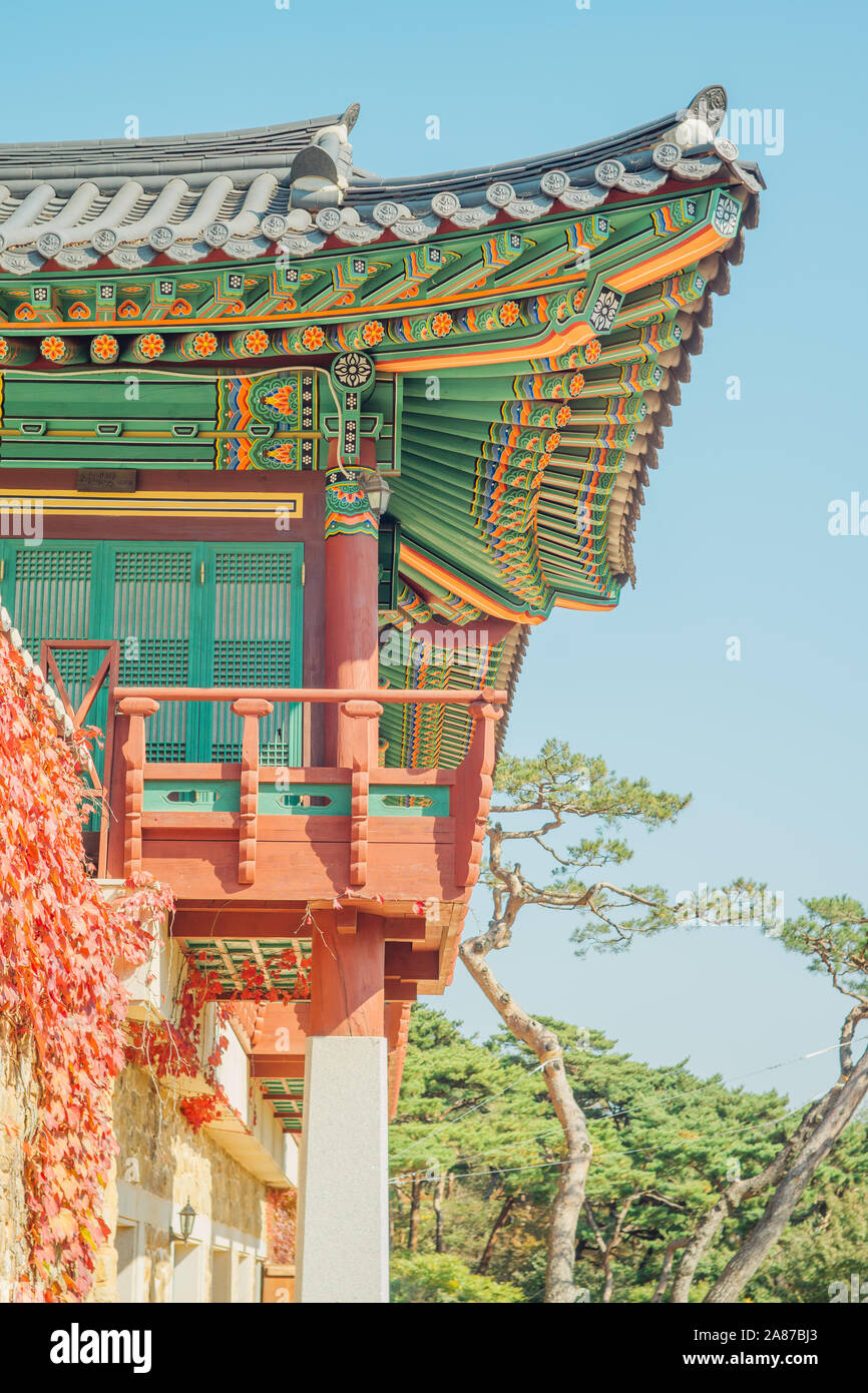 Korean buddhist temple and its roof and eaves which has various ...