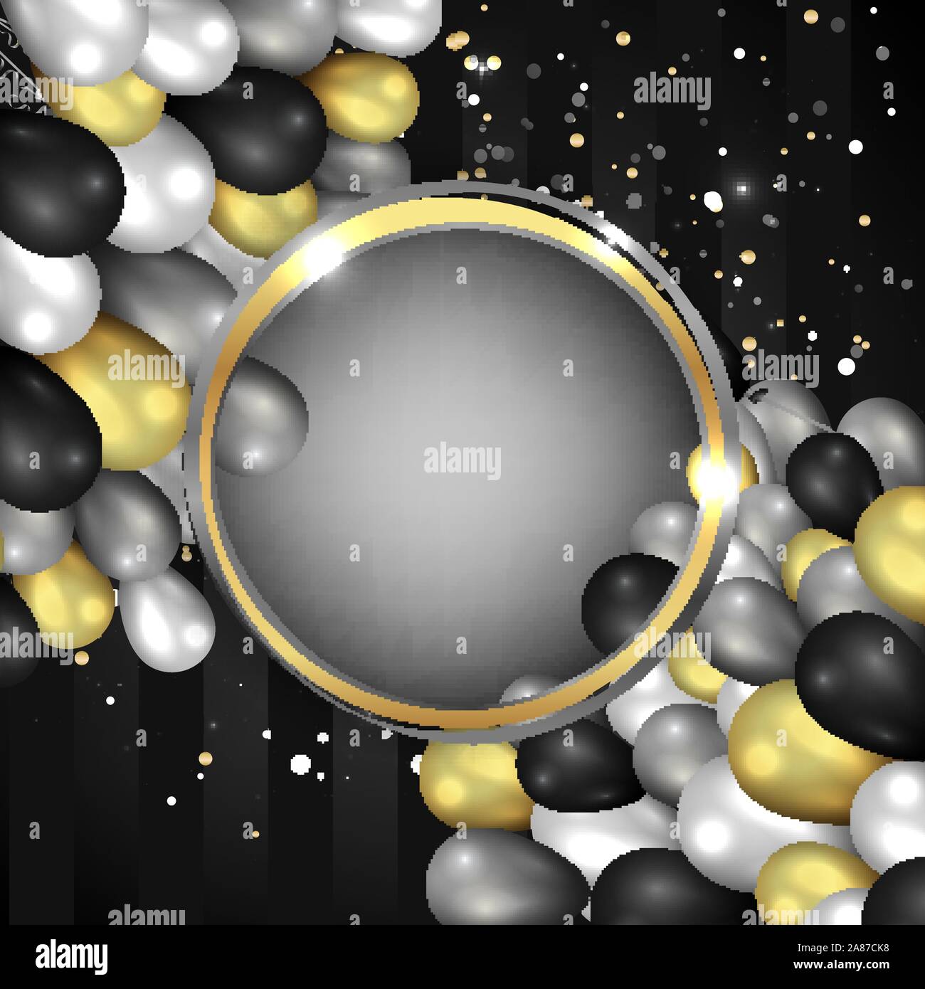 Round empty frame with realistic elegant balloons with tinsel and bokeh ...