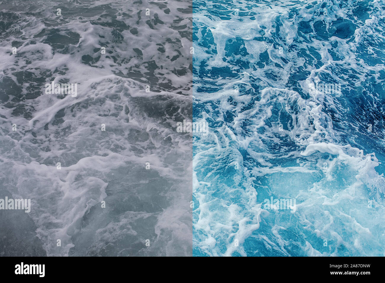 Photo before and after the image editing process. Sea waves water ...