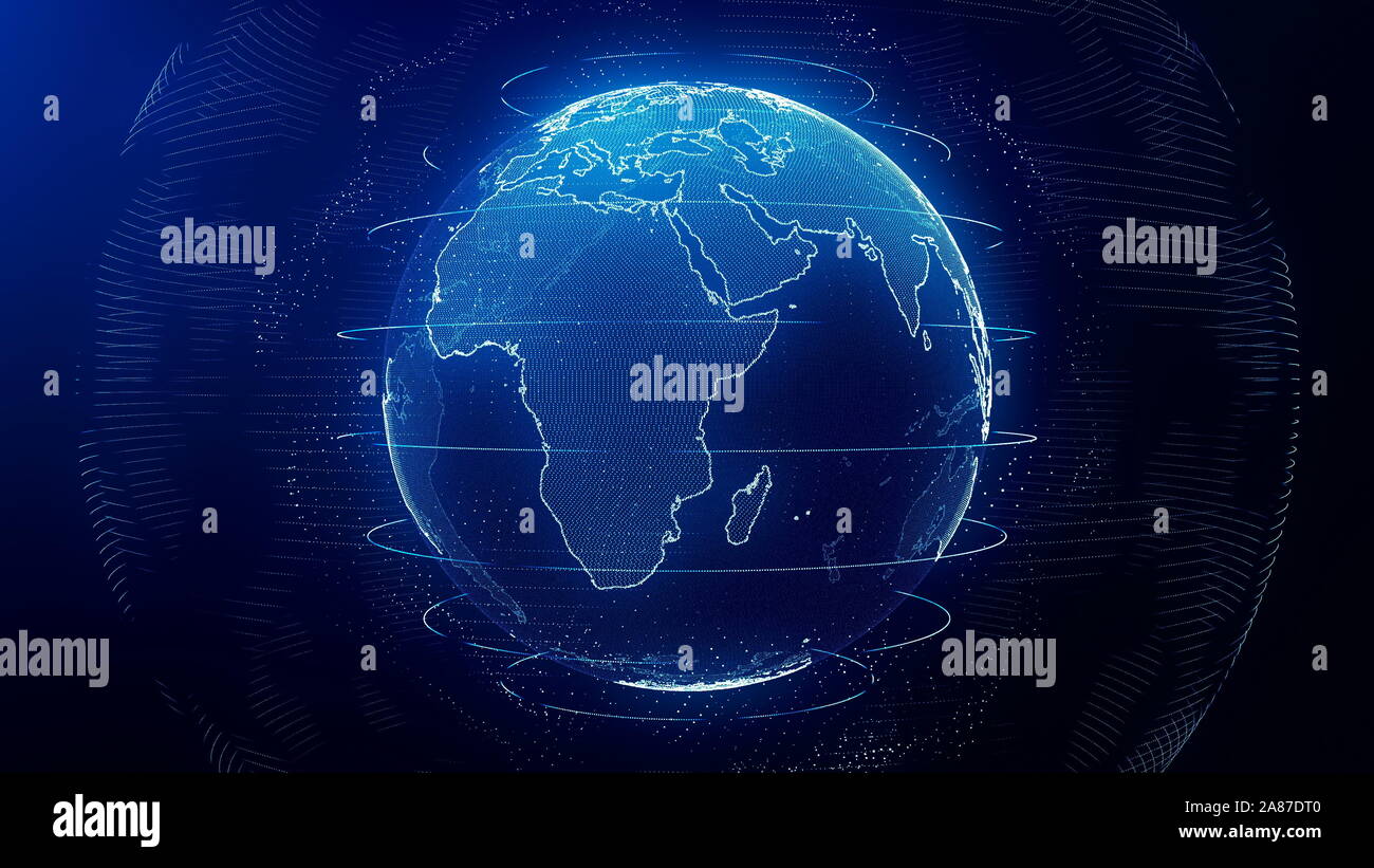 Futuristic Earth Europe skyline. Data network around planet in digital ...