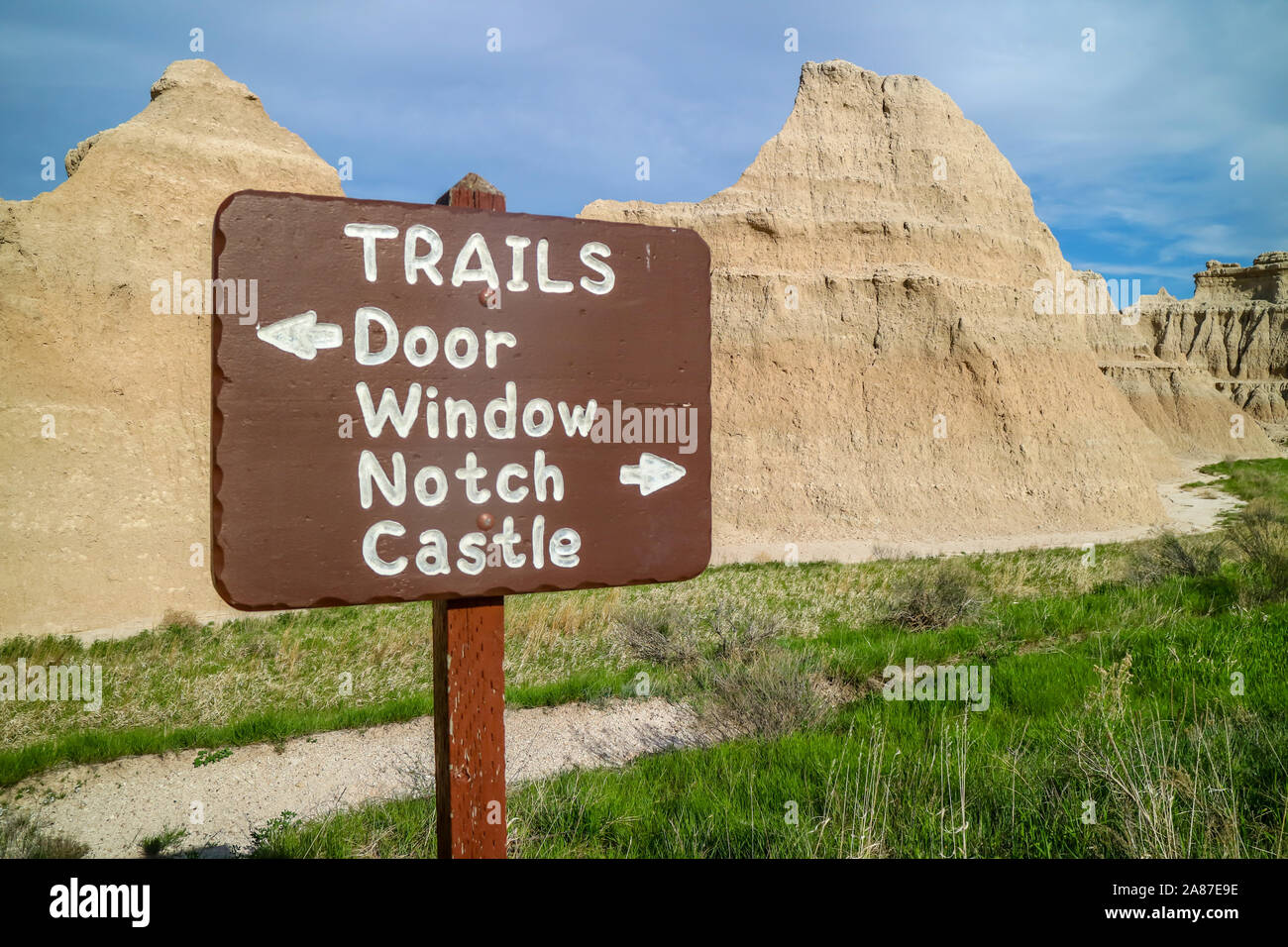 Badlands National Park, SD, USA - May 15, 2019: A signage post for ...
