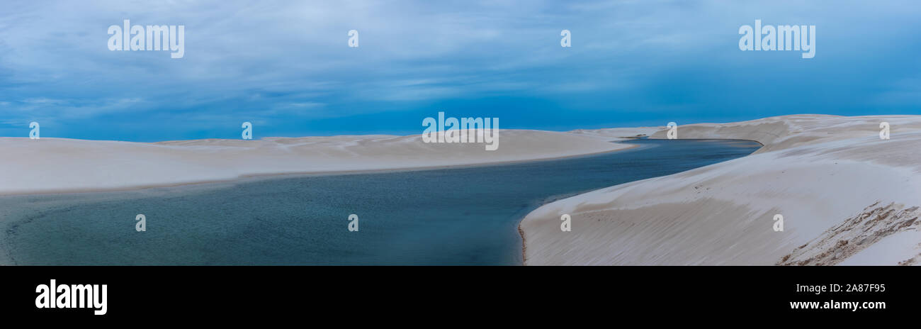 Aerial shot of the sand dunes and lagoons in Brazil, Lencois ...