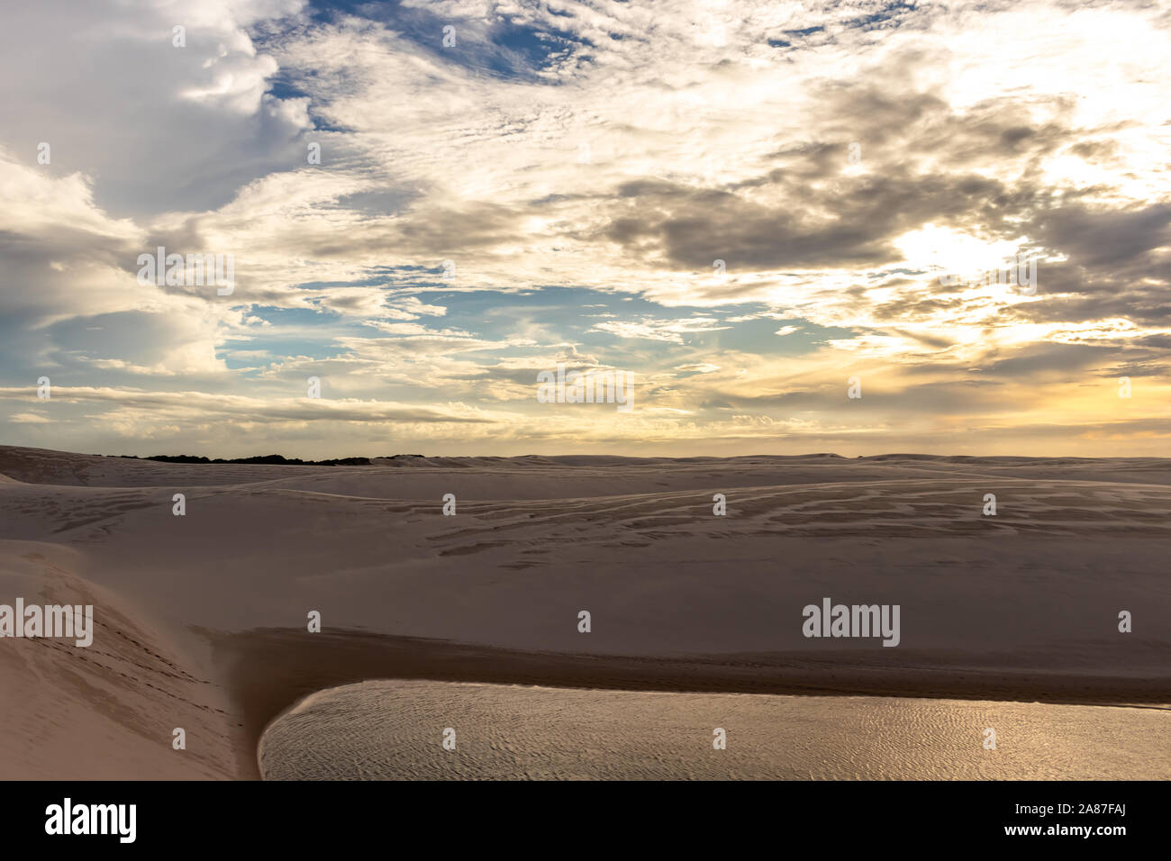 Aerial shot of the sand dunes and lagoons in Brazil, Lencois ...