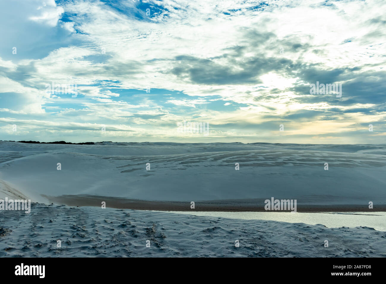 Aerial shot of the sand dunes and lagoons in Brazil, Lencois ...