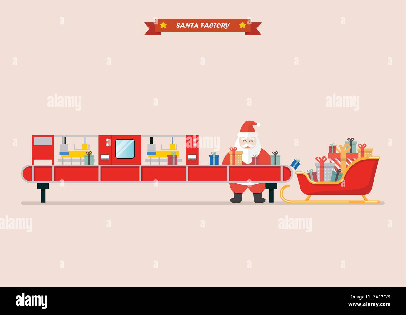 Santa sleigh waiting a gift boxes from robot belt machine. vector ...