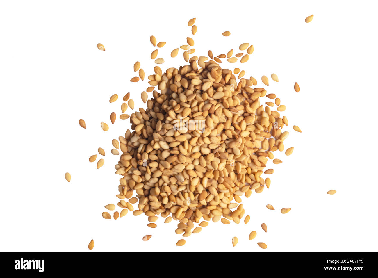 Macro shot of a raw white sesame seed isolated on white background. Top ...