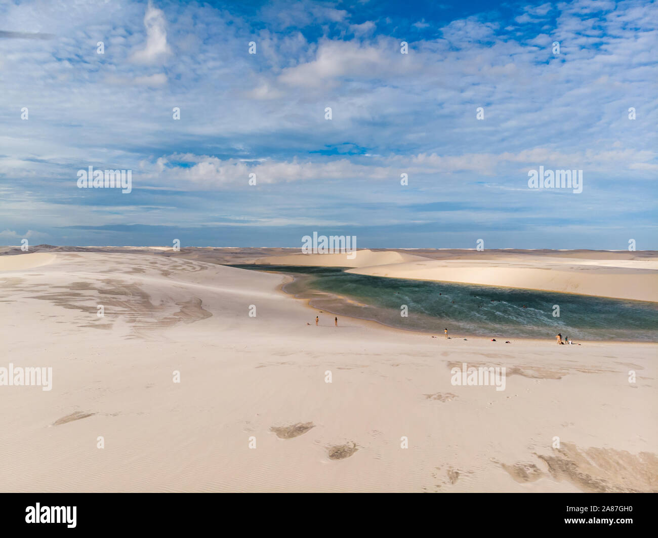 Aerial shot of the sand dunes and lagoons in Brazil, Lencois ...