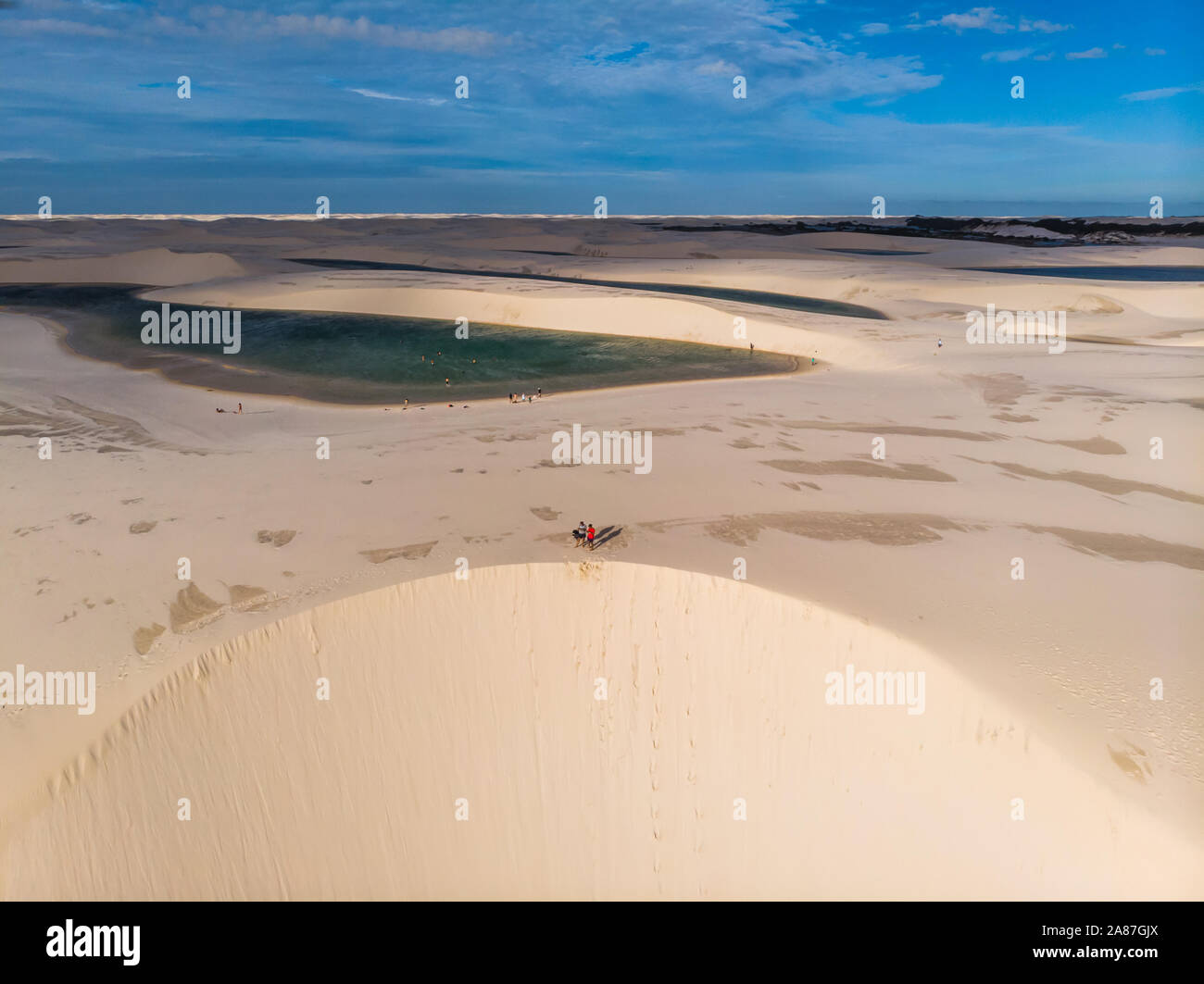 Aerial shot of the sand dunes and lagoons in Brazil, Lencois ...