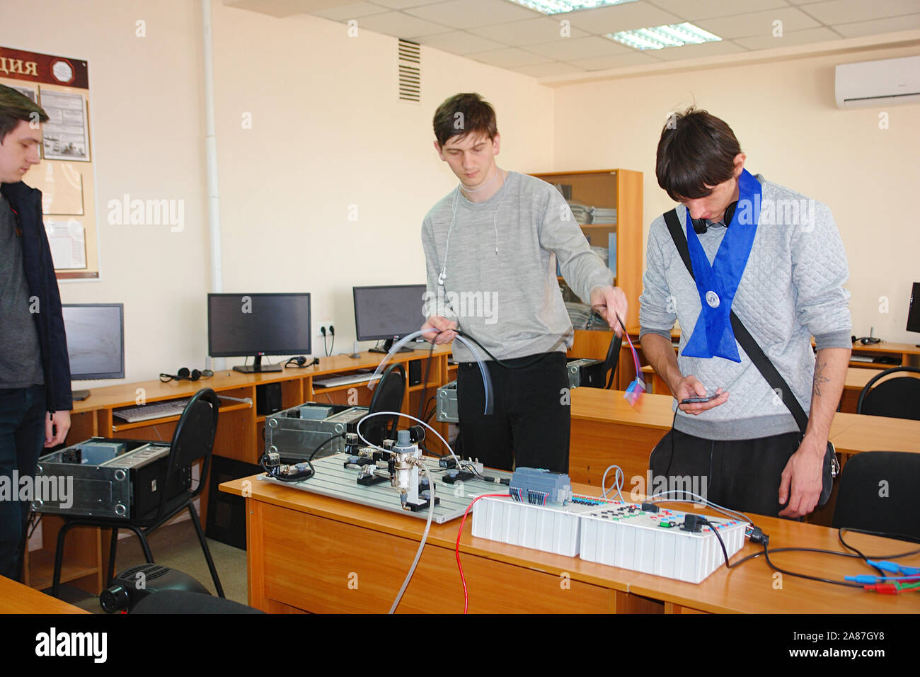 Chapaevsk, Samara region, Russia - April 16, 2019: Students connect ...