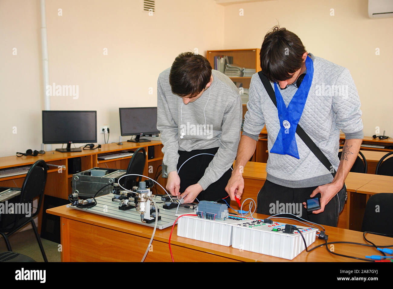 Chapaevsk, Samara region, Russia - April 16, 2019: Students connect ...