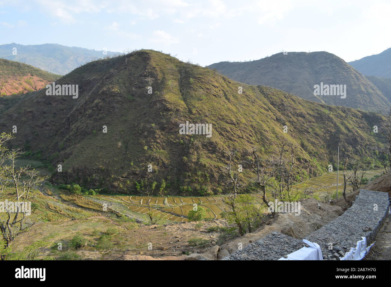 Scenery of beautiful Nepali rural village with mountains and green ...