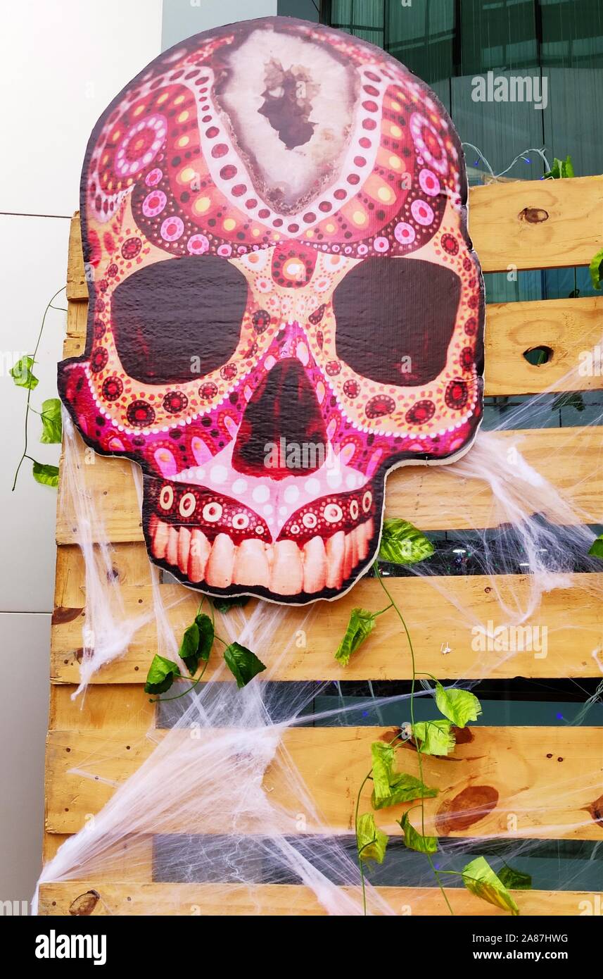 colorful sugar skull with white spider web background Stock Photo - Alamy