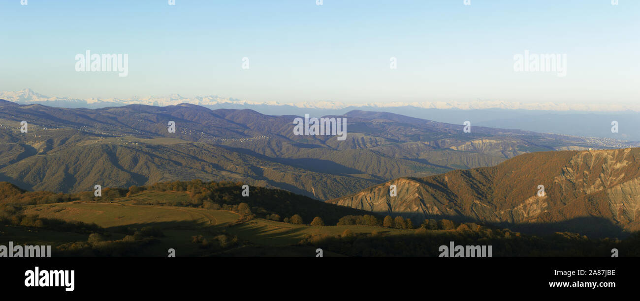 Mountain landscape panorama. Ridge chains extending to the horizon ...