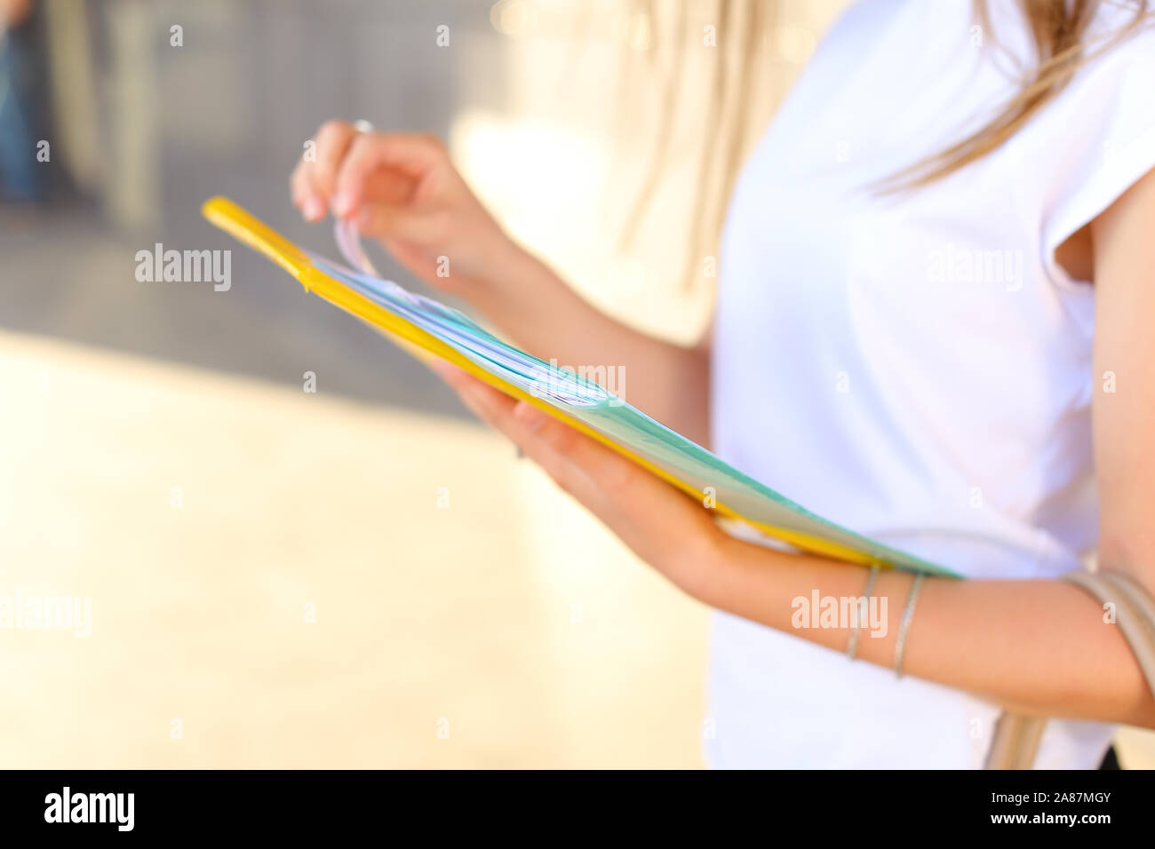 Business woman girl work business center look at documents Stock Photo ...