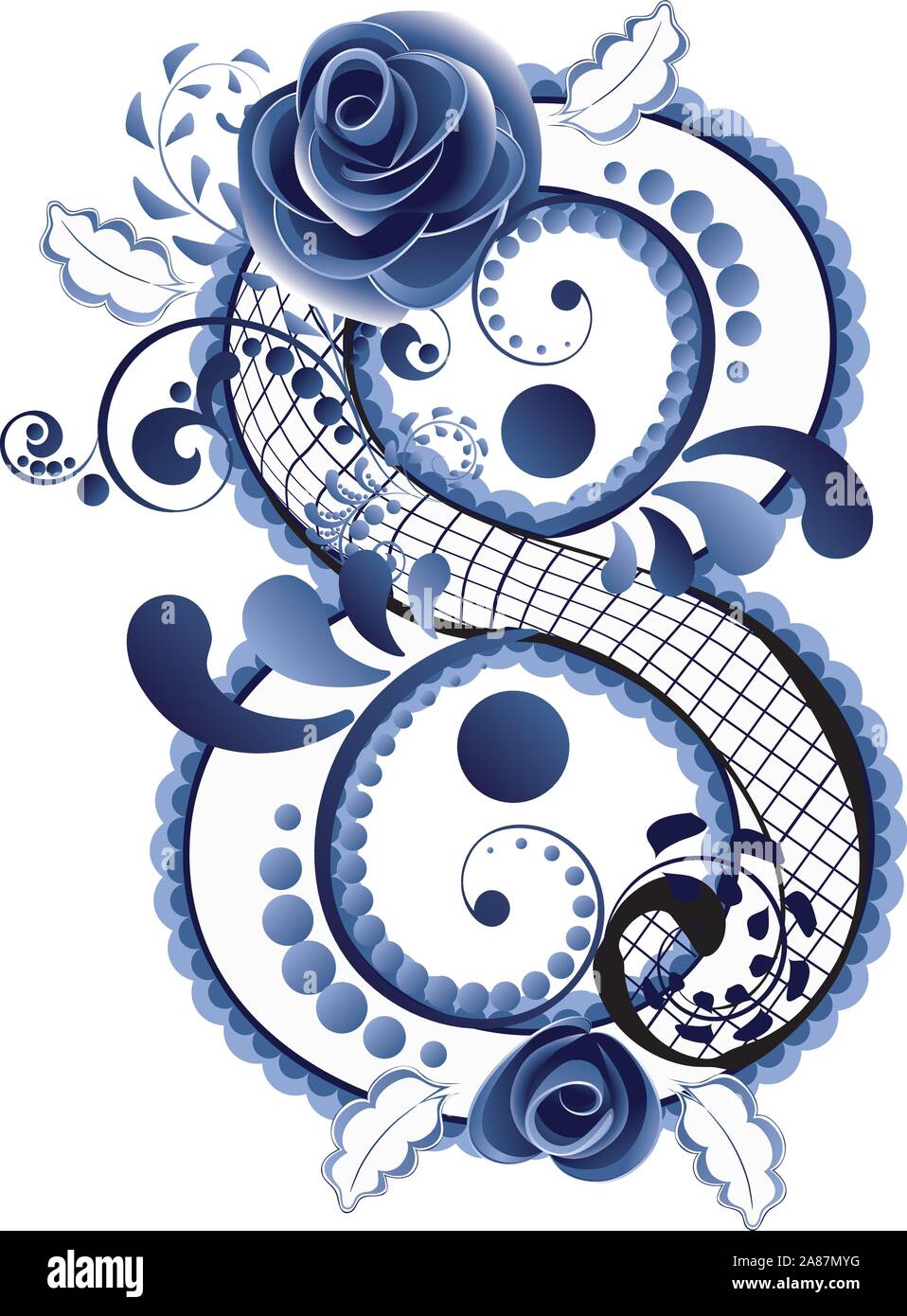 Vintage decorative floral ornament in a shape of a number eight in blue ...