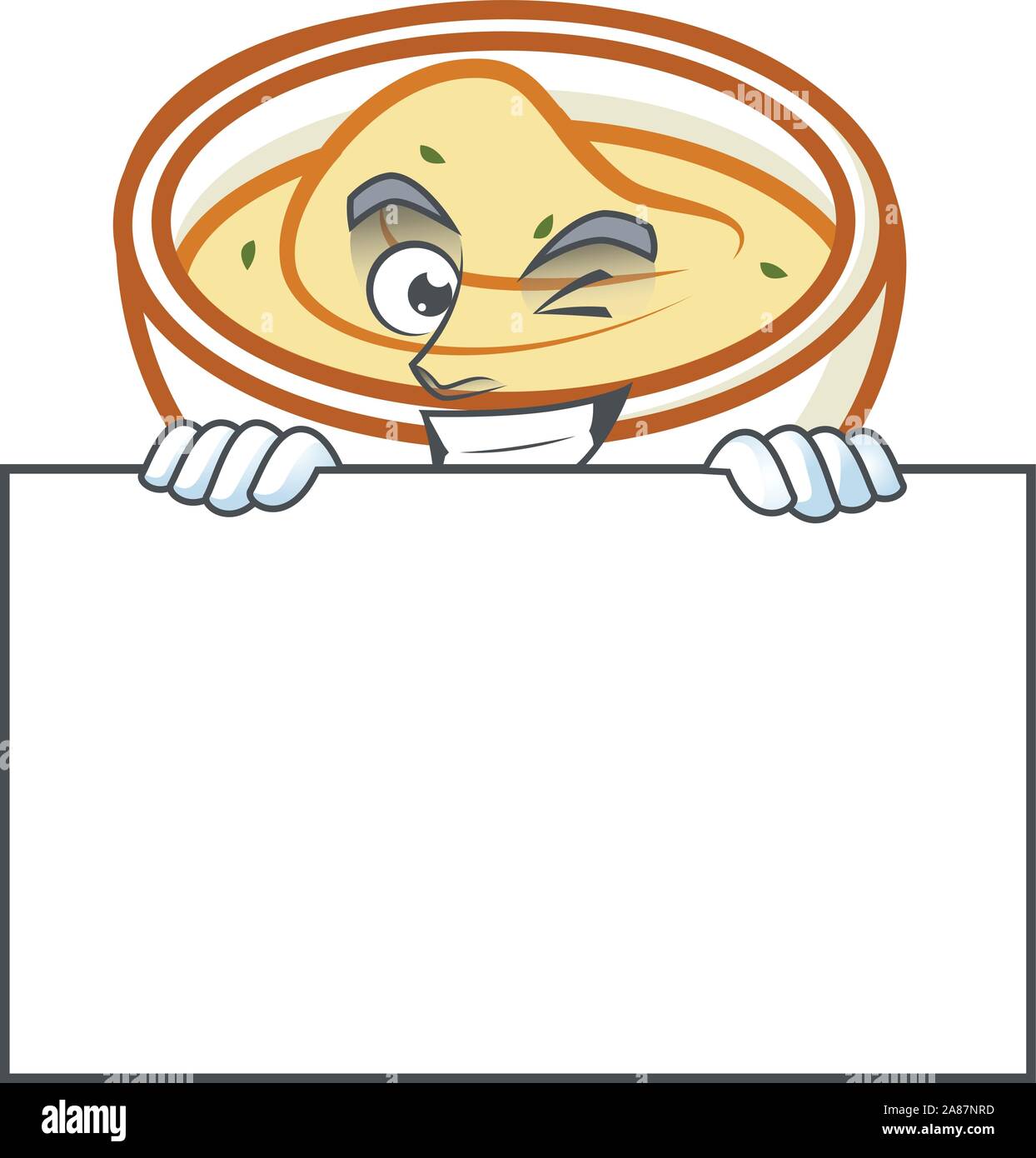 Mashed potatoes cartoon character with mascot squinting with board ...