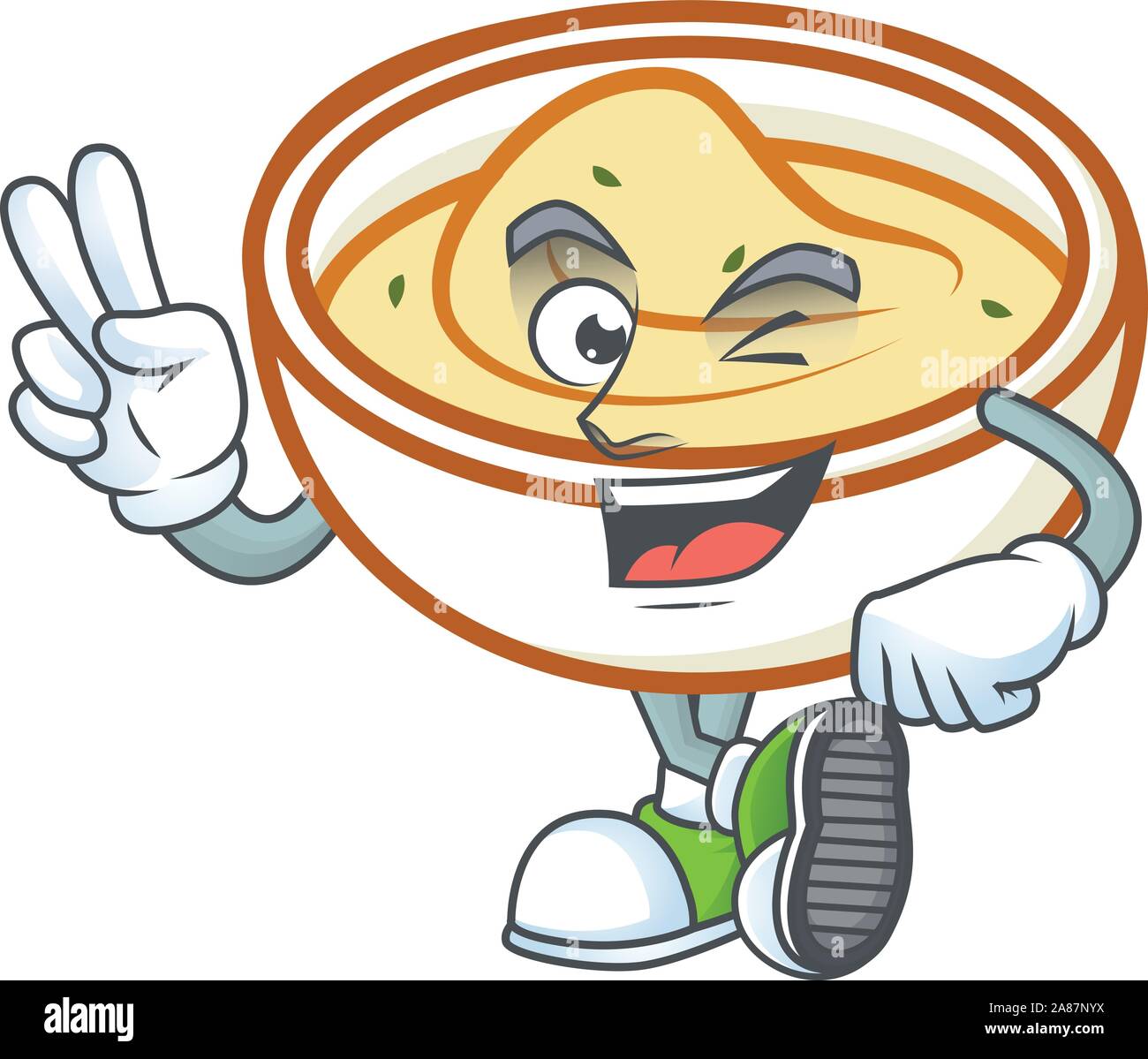 Mashed potatoes with two finger character on white background Stock ...