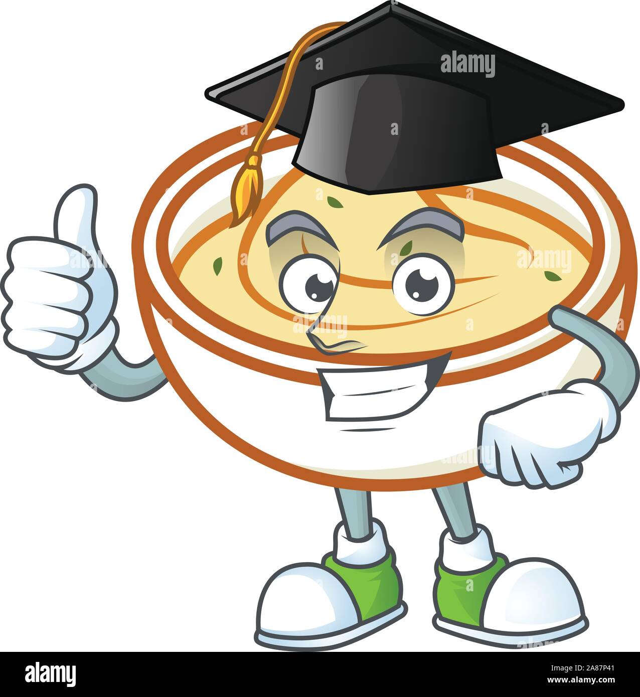Mashed potatoes with graduation hat character on white background Stock ...