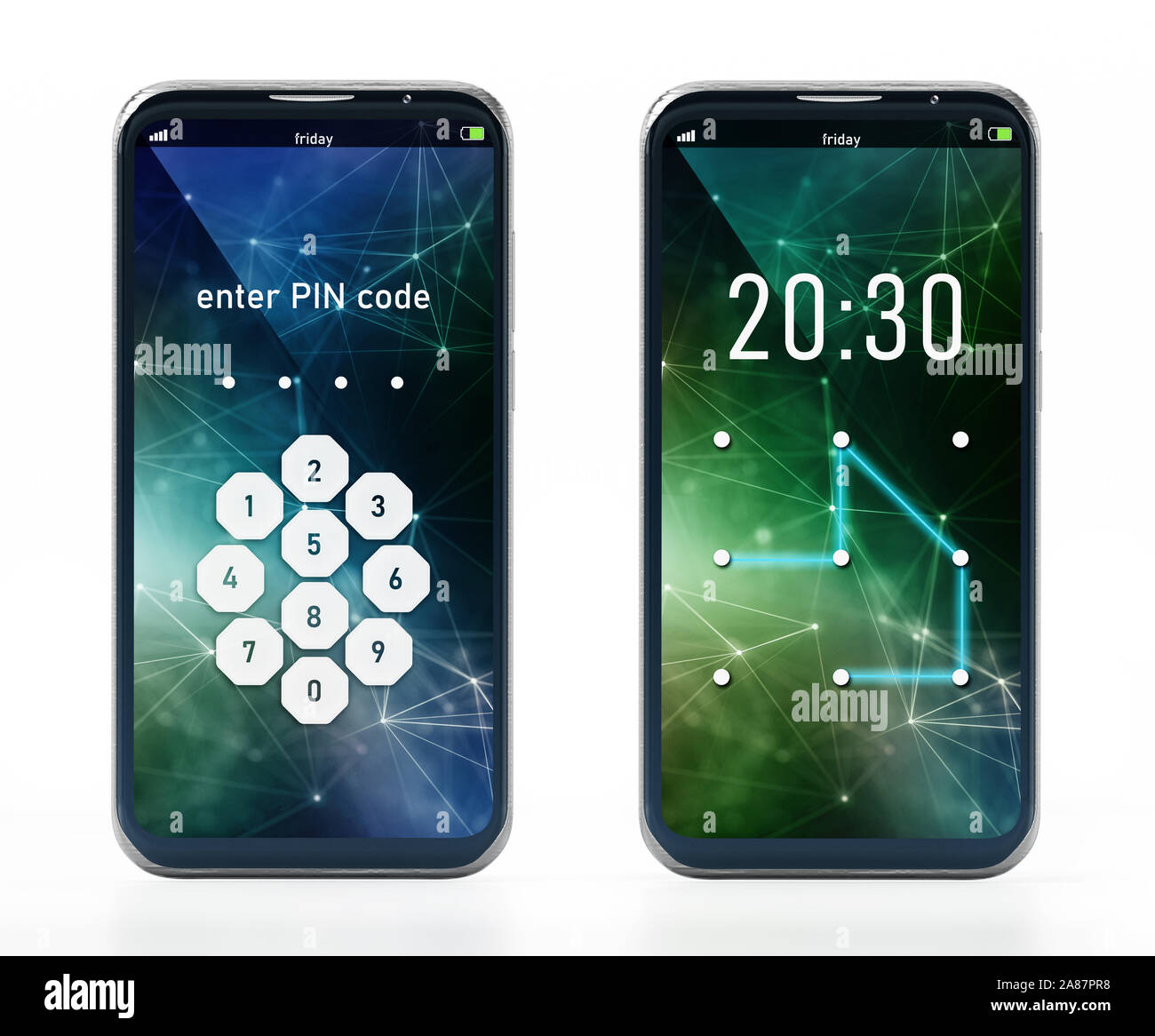 Smartphones with pin and pattern protection screens. 3D illustration ...