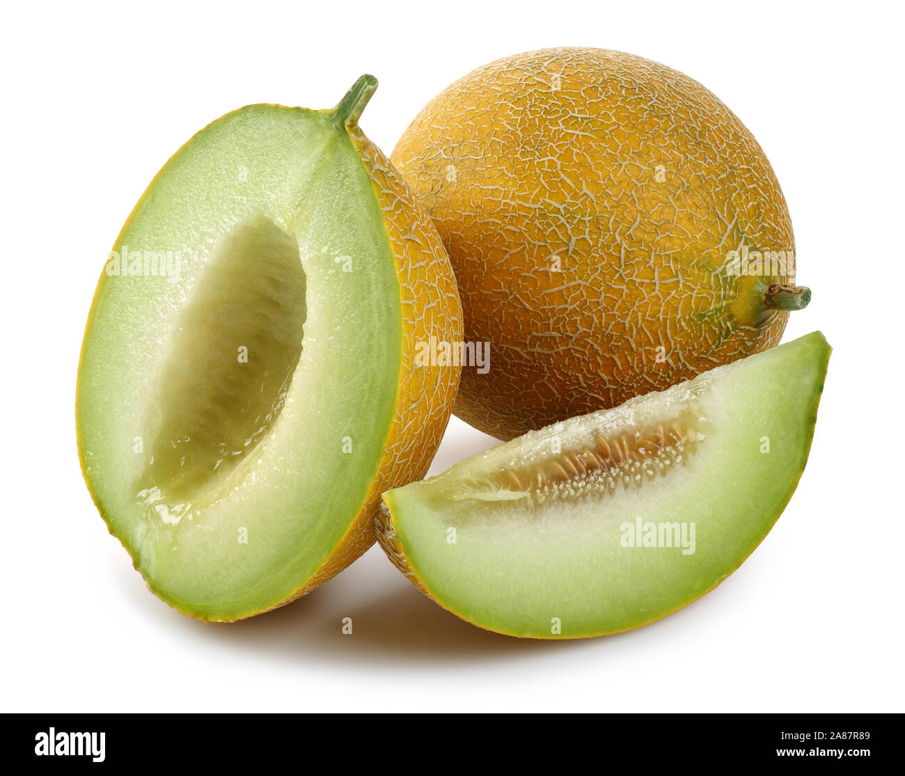 Whole and sliced ripe melon fruits isolated on white background Stock ...
