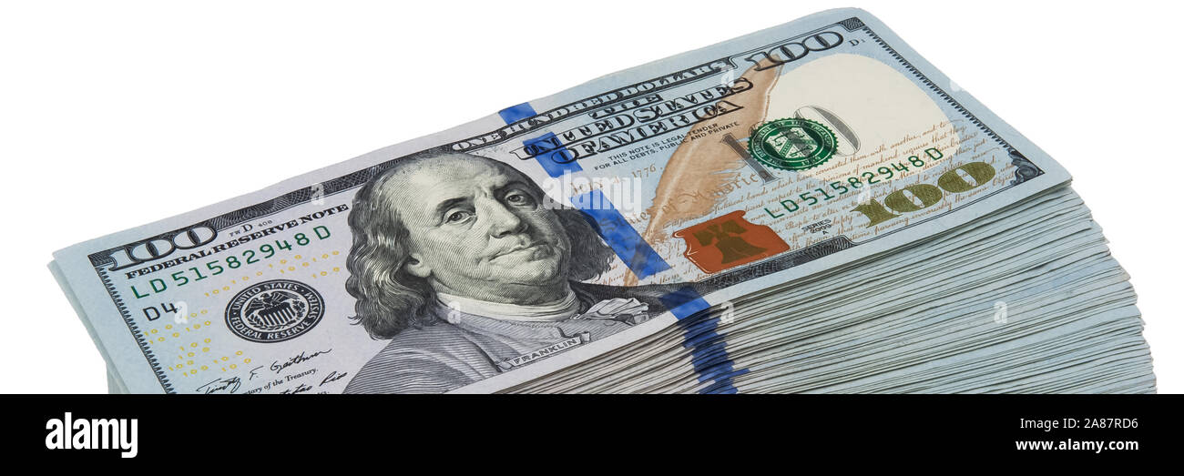 A large pack of one hundred American dollars bills on a white ...