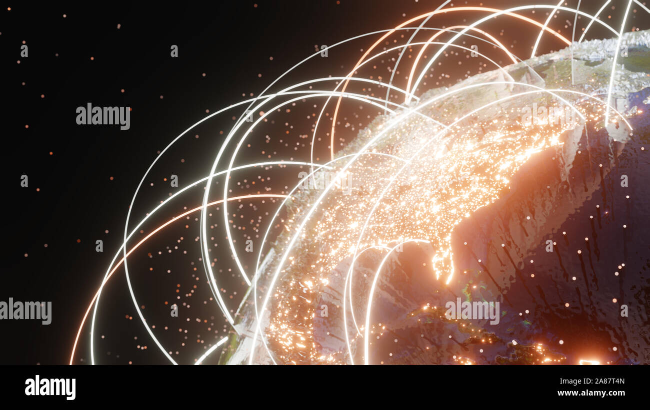 Connection curves and dots around Earth globe, Futuristic technology ...