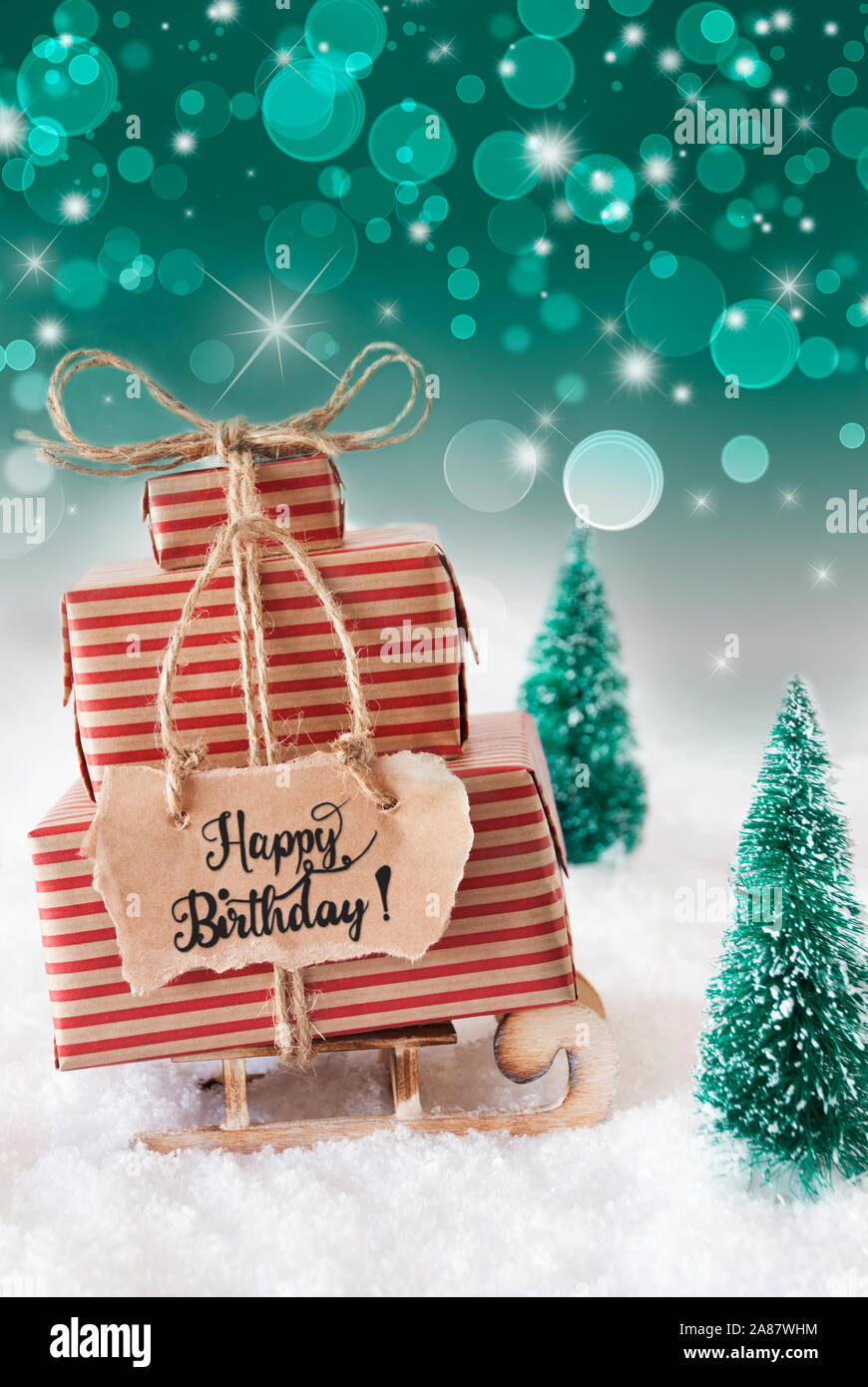 Sled, Present, Snow, Happy Birthday, Green Background Stock Photo - Alamy